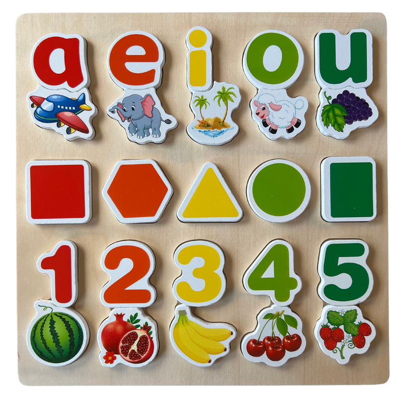 Tabla encajable - vocales, números y figuras geométricas – Time Off
